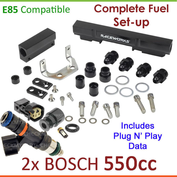 2x New BOSCH 550cc E85 Injectors & Fuel Rail Set-up For Mazda RX7 Turb ...